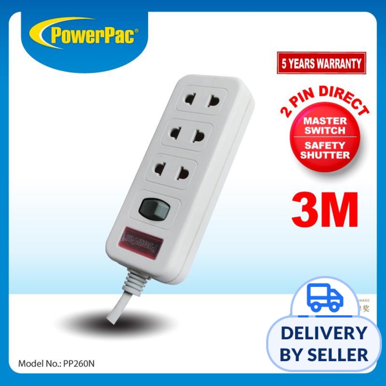 2Pin 3Way Extension Cord 3M With Safety Shutter PP260N | NTUC FairPrice