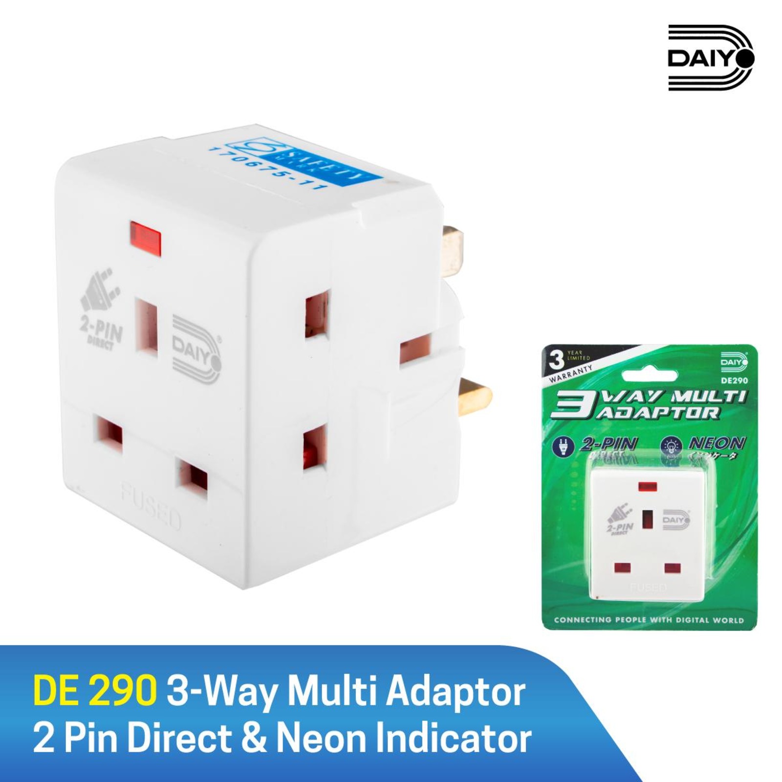 Daiyo 3 Way Multi Adaptor With Neon 1 pc | NTUC FairPrice