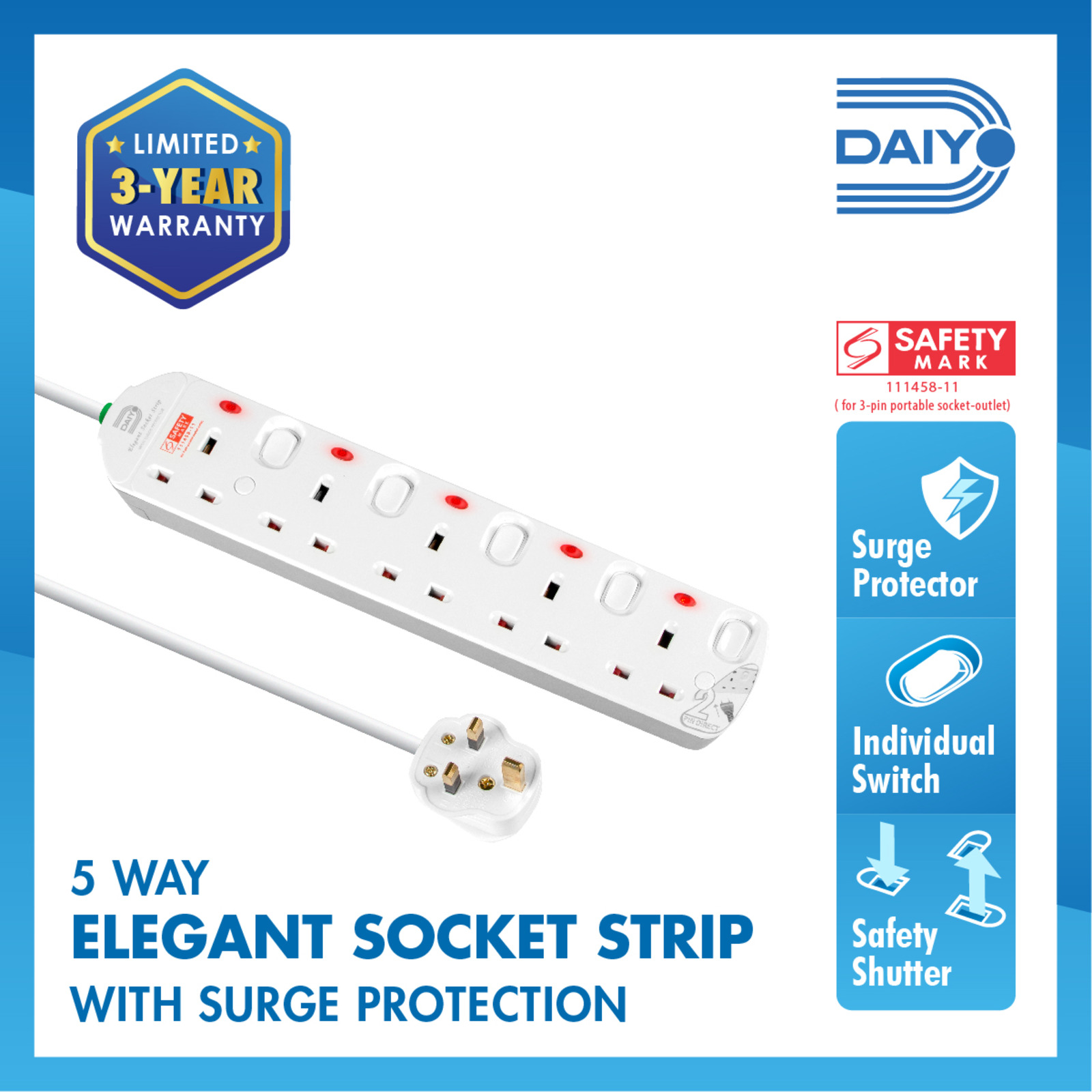 Daiyo 5Way Extension Socket Cable 2M 1 pc | NTUC FairPrice