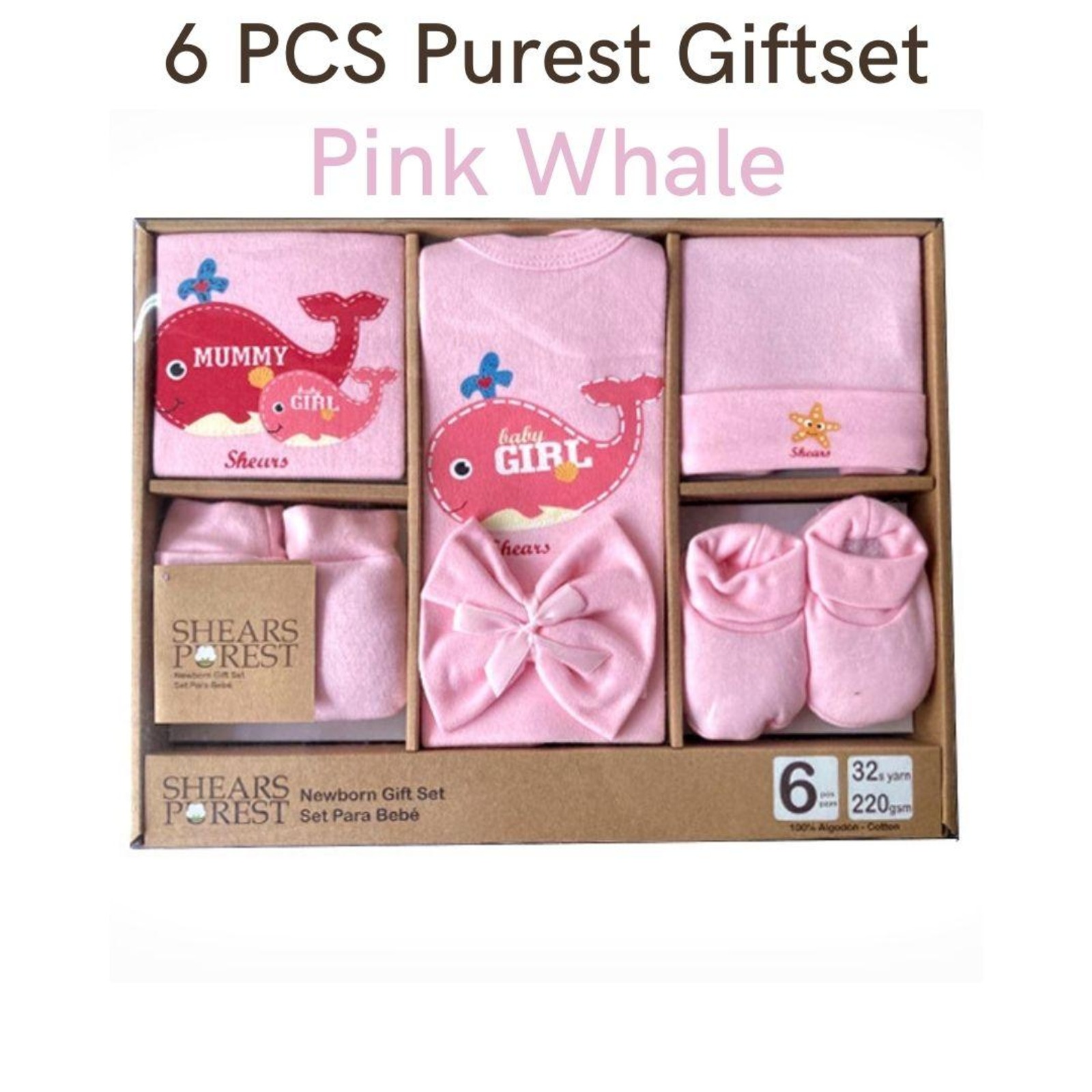 Shears Baby Gift Set Purest 6PCS Clothing Set Pink Whale | NTUC FairPrice