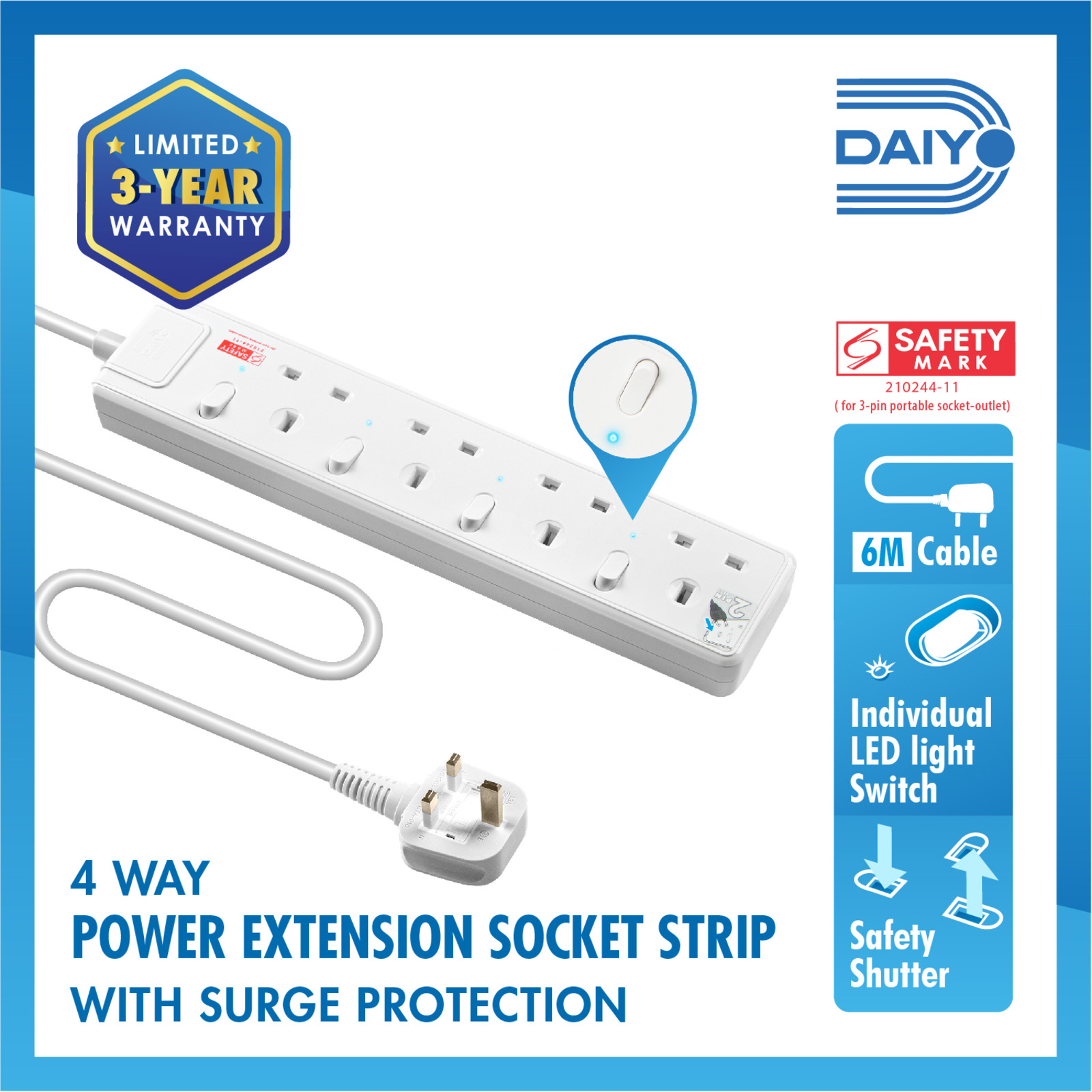Daiyo Blue LED 4 Way Extension Socket With Surge 6M 1 pc | NTUC FairPrice