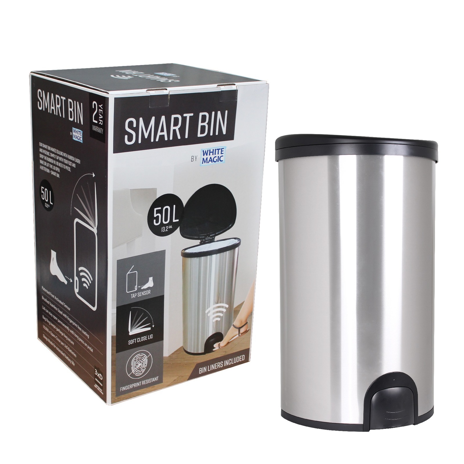 White Magic Smart Bin 50L - The Worlds First Toe Tap Bin | NTUC FairPrice