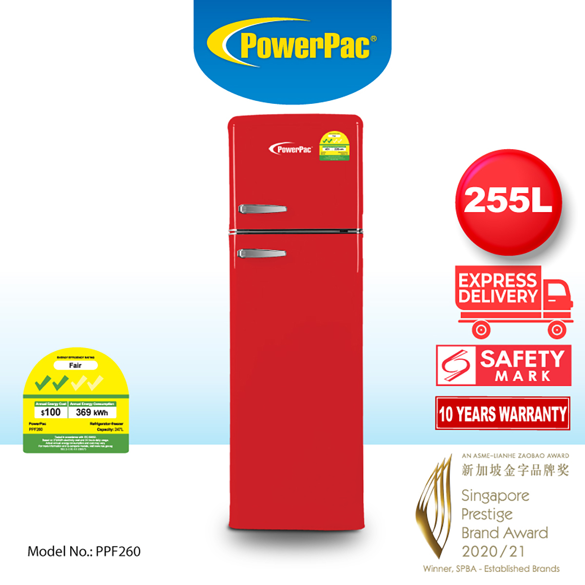 PowerPac Retro Fridge 255L (PPF260) - Red | NTUC FairPrice