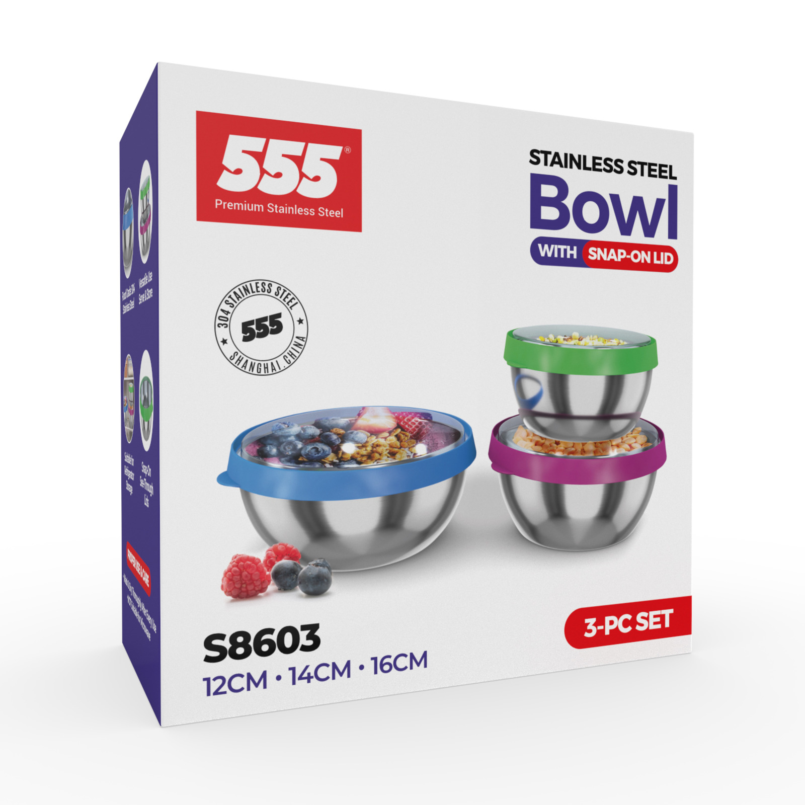 555 Stainless Steel Bowl With Snap-On Lid - 12cm 14cm 16cm | NTUC FairPrice
