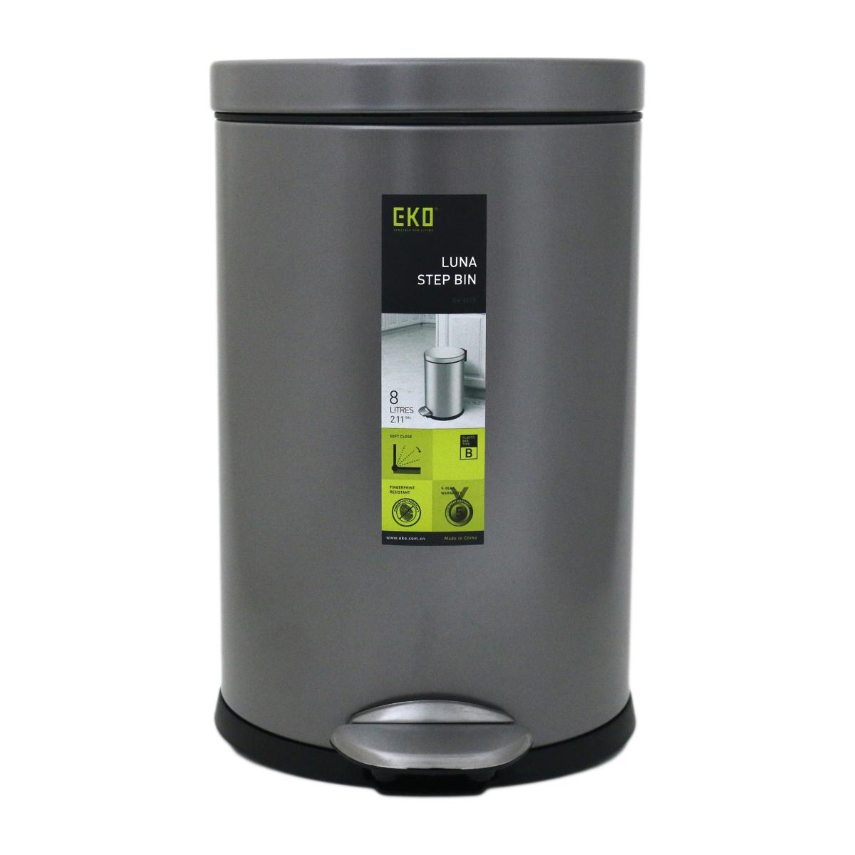 Eko S/S Step Bin With Soft Closing Lid , 8L, Titanium Grey | NTUC FairPrice