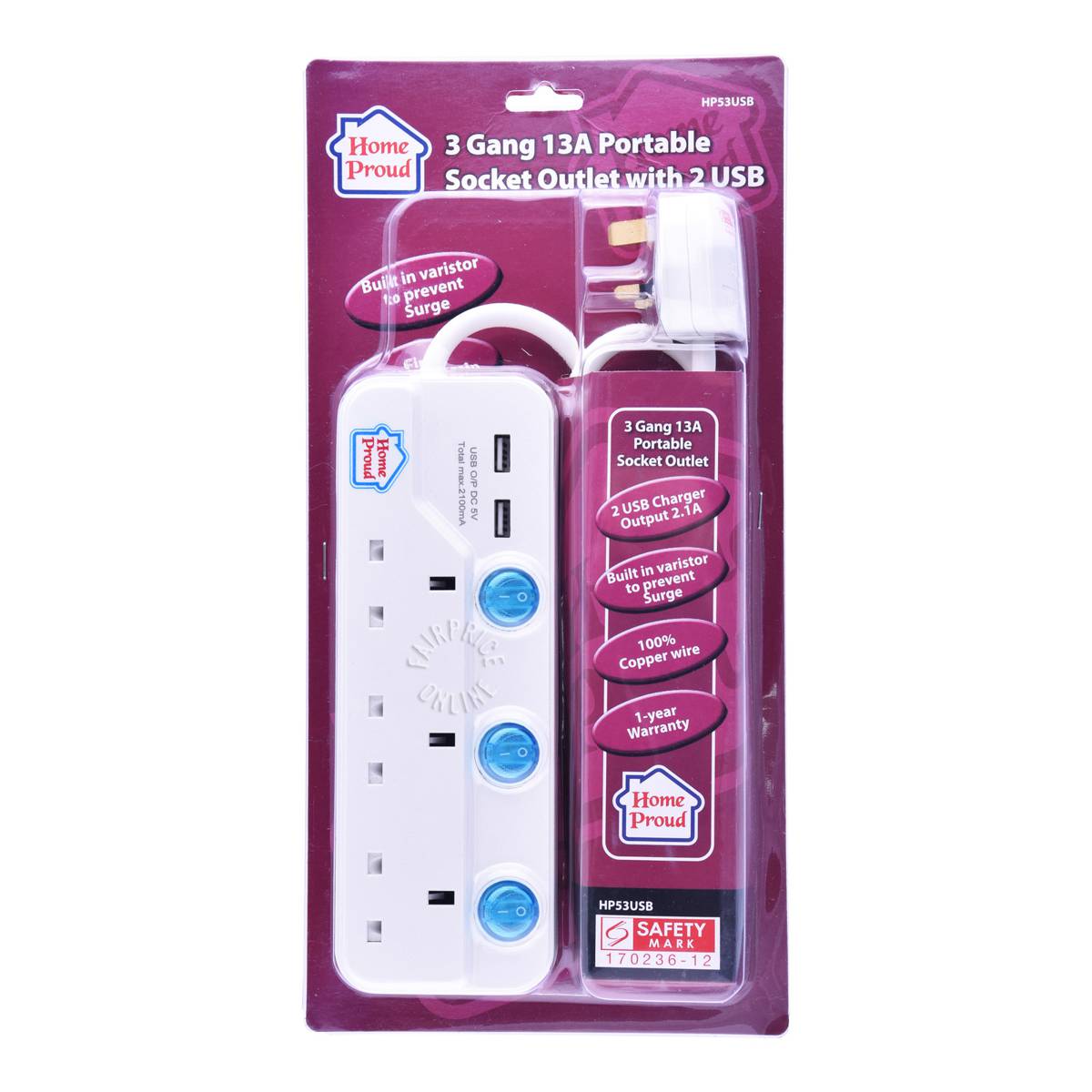 HomeProud 13A Portable Socket Outlet - 3 Gang with 2 USB | NTUC FairPrice