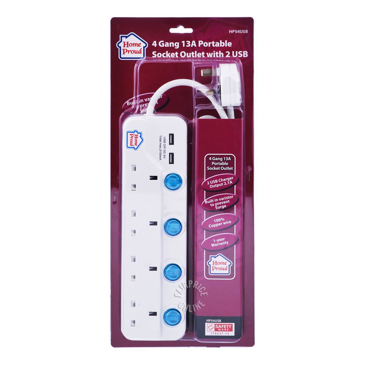 HomeProud 13A Portable Socket Outlet - 4 Gang with 2 USB | NTUC FairPrice