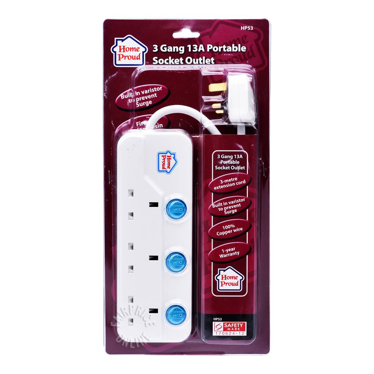 HomeProud Socket Outlet Extension Cord - 3 Way (HP53) | NTUC FairPrice