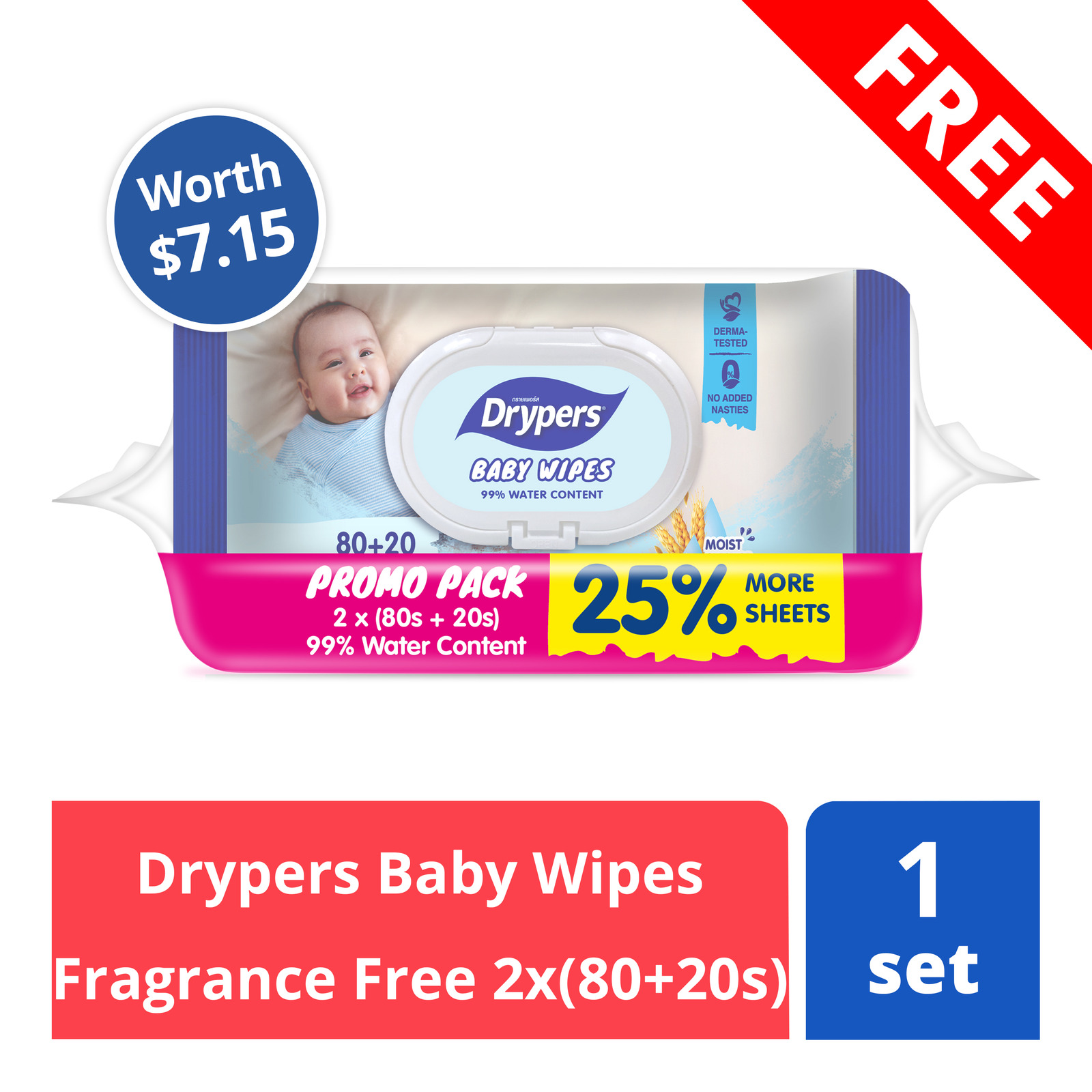 FREE Drypers Baby Wipes Fragrance Free 2x(80+20s) (worth $7.15) | NTUC ...