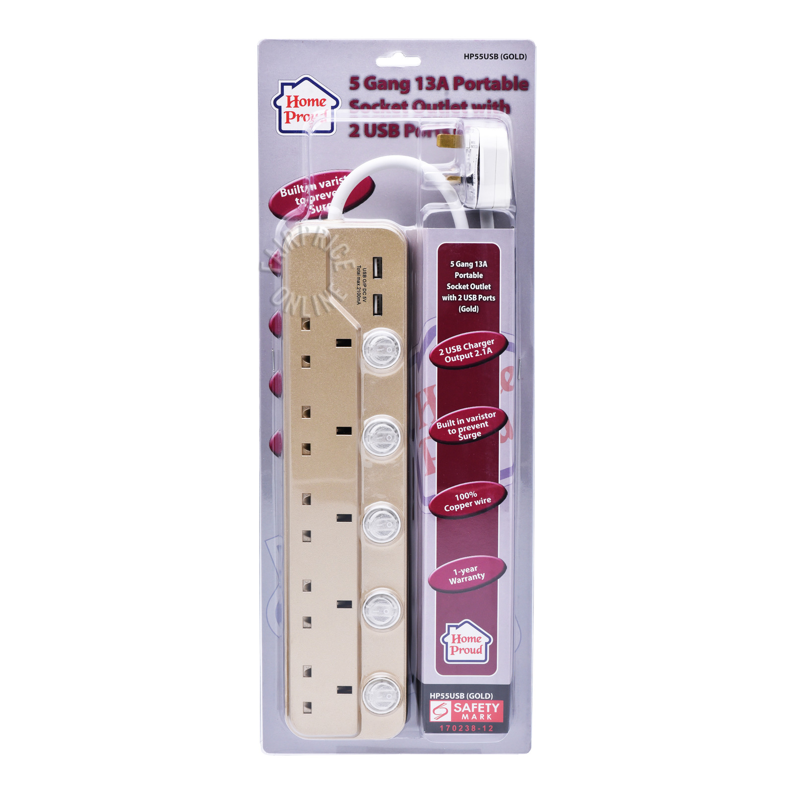 HomeProud Gold Extension Cord 2 USB - 5 Gang (HP55USB) | NTUC FairPrice