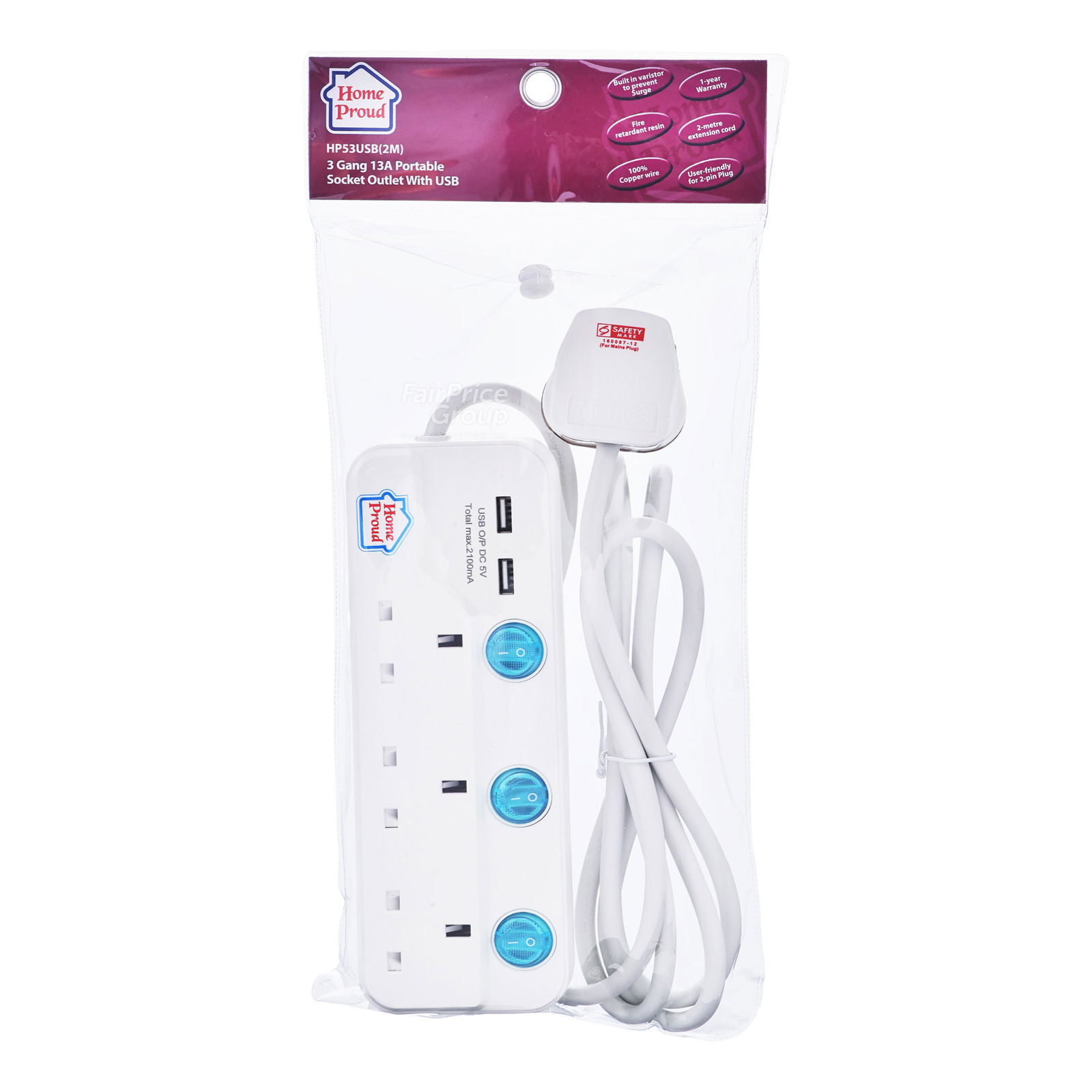 HomeProud 3 Gang 13A Portable Socket Outlet with USB | NTUC FairPrice