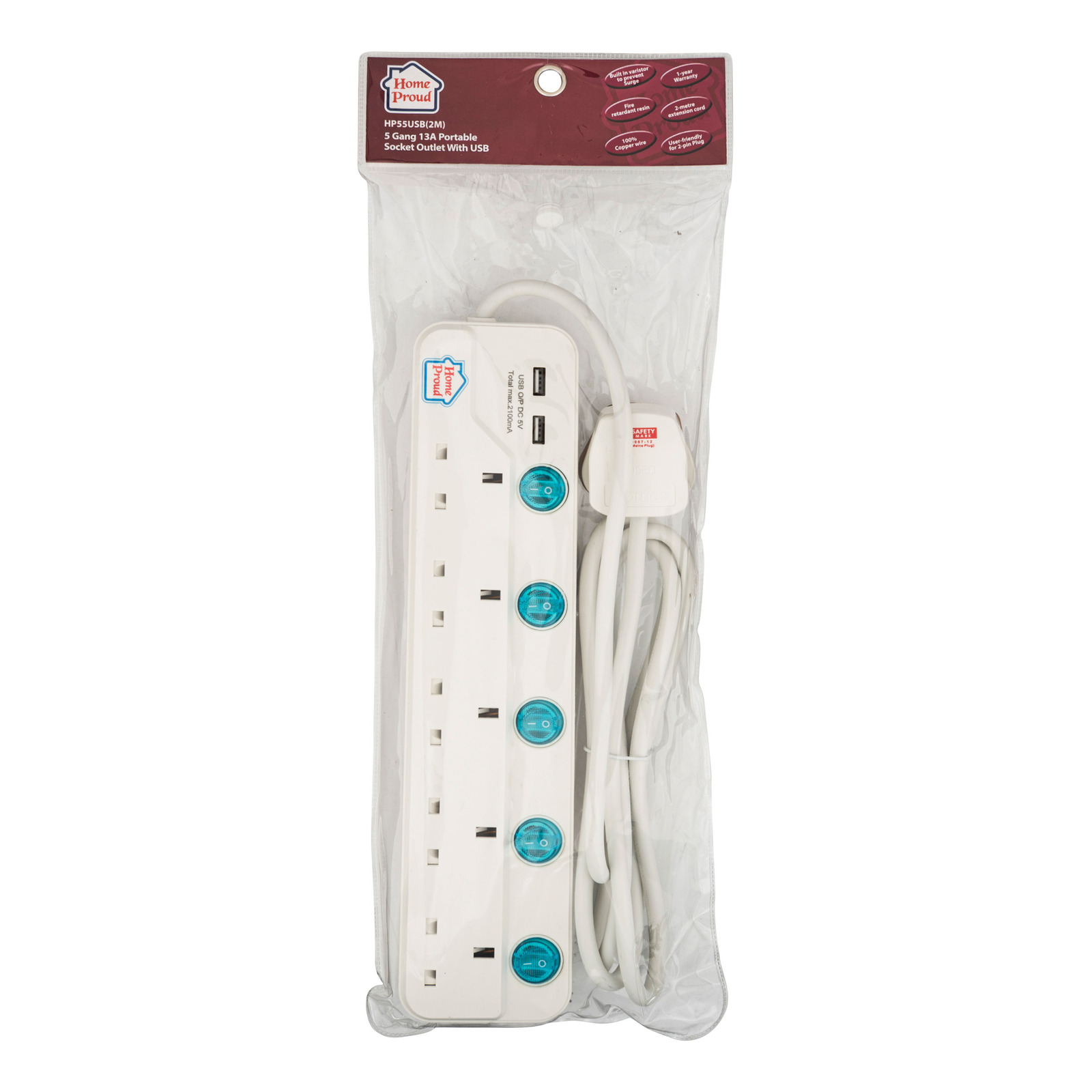 HomeProud 5 Gang 13A Portable Socket Outlet with USB | NTUC FairPrice
