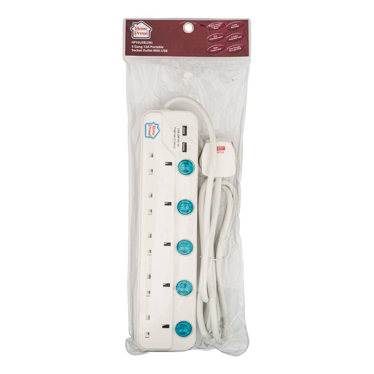 HomeProud 5 Gang 13A Portable Socket Outlet with USB | NTUC FairPrice