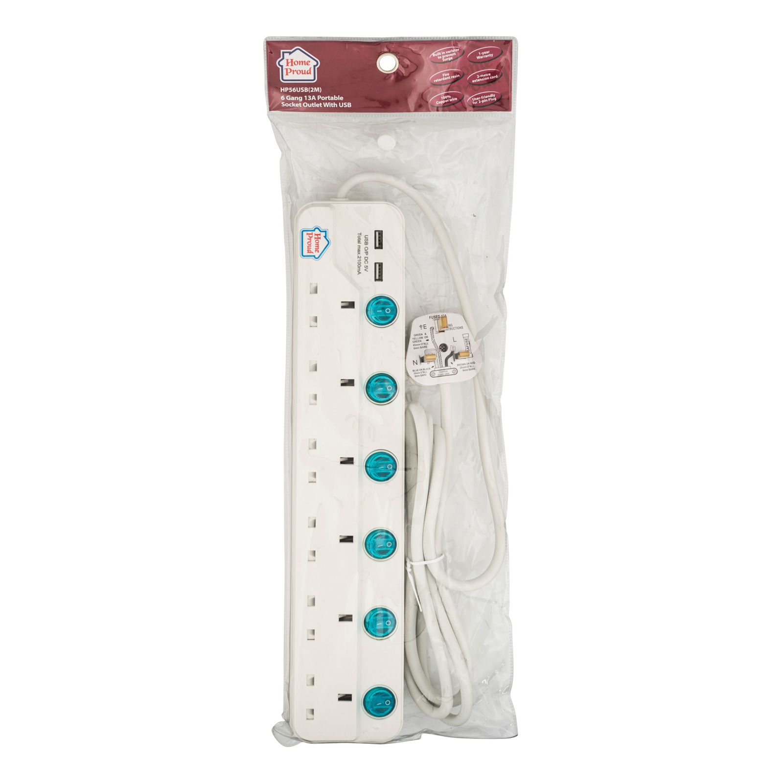 HomeProud 6 Gang 13A Portable Socket Outlet with USB | NTUC FairPrice