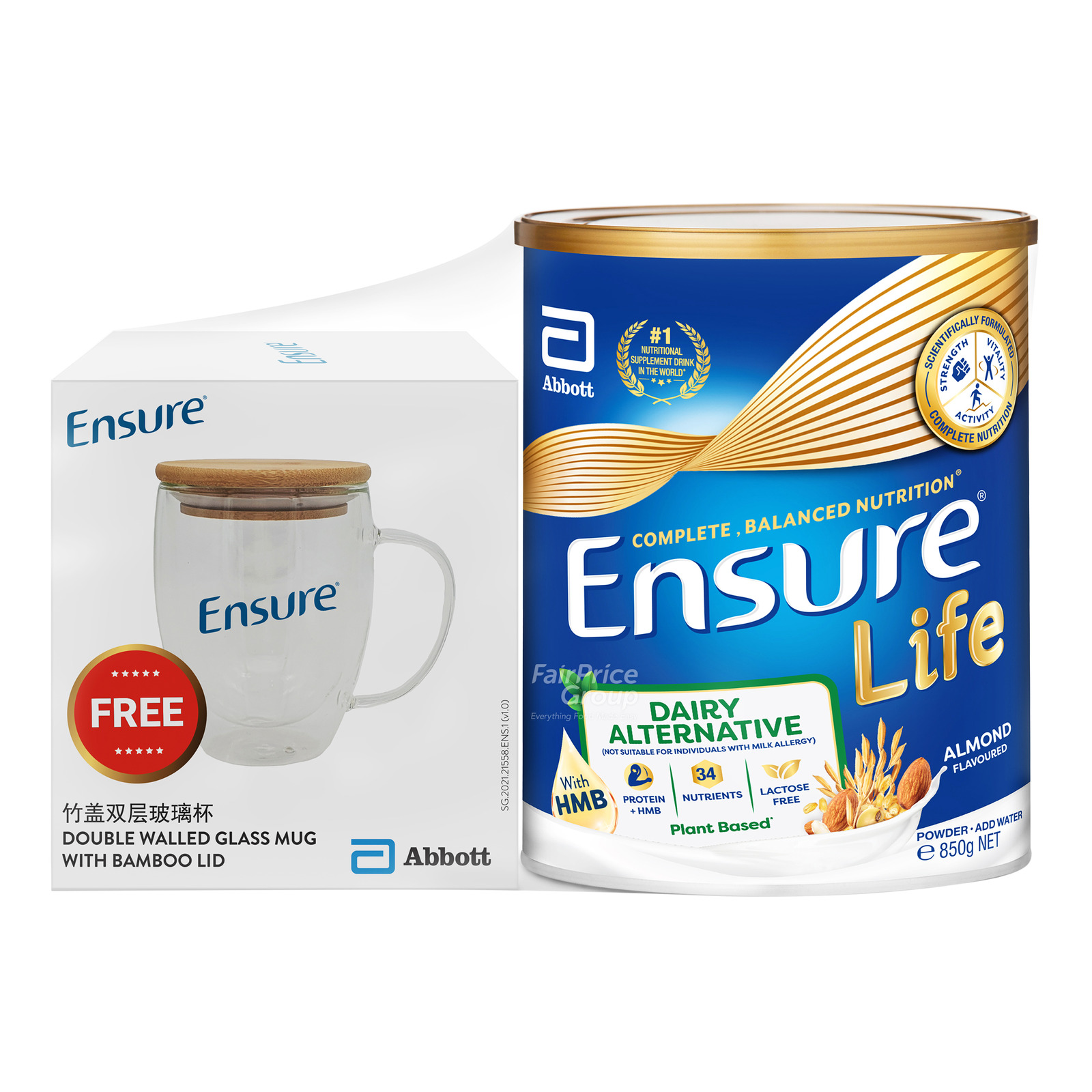 Abbott Ensure Life Adult Milk Powder + Glass Mug - Almond | NTUC FairPrice