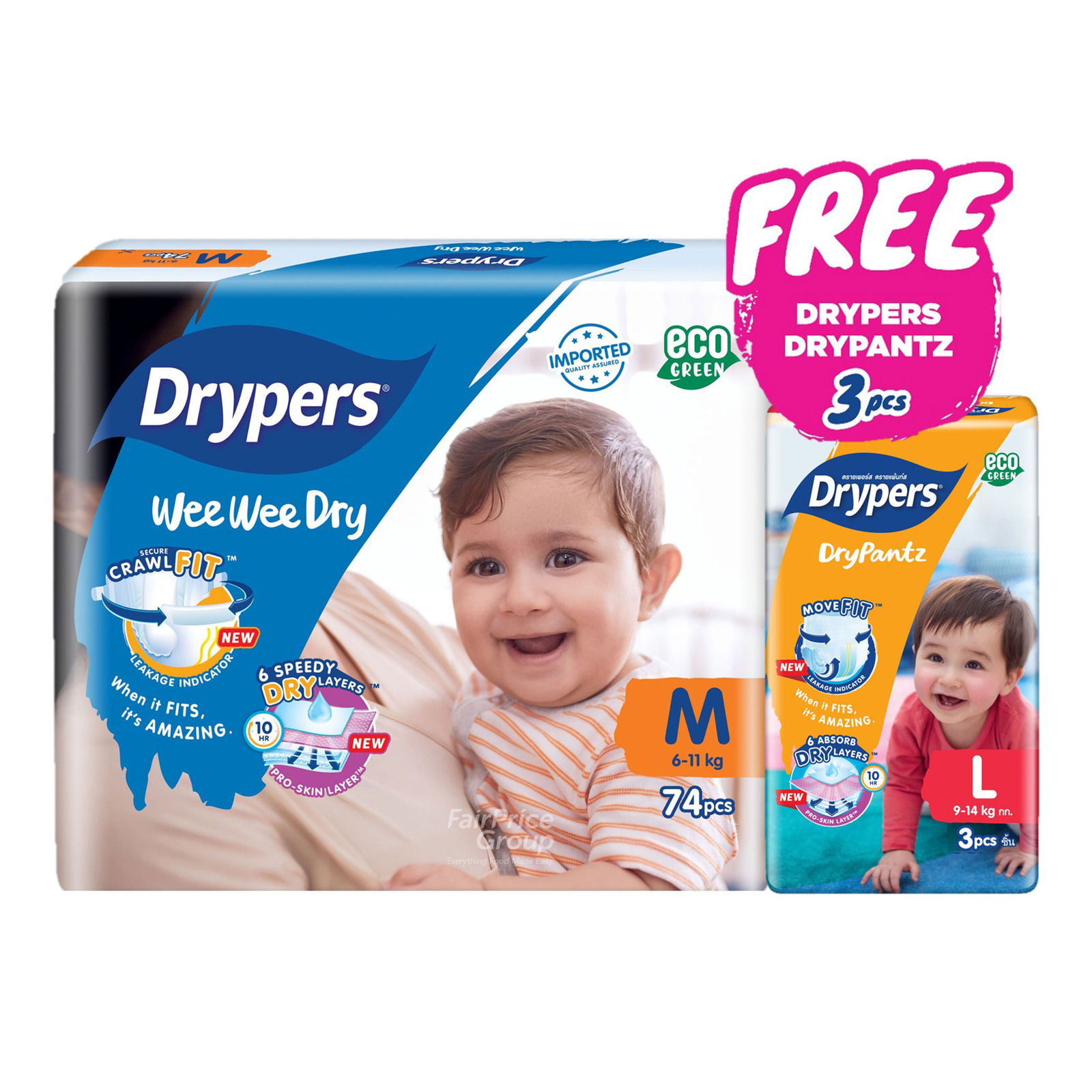 Drypers Wee Wee Dry Diapers - M (6 - 11kg) + Free Drypers Drypantz (L ...