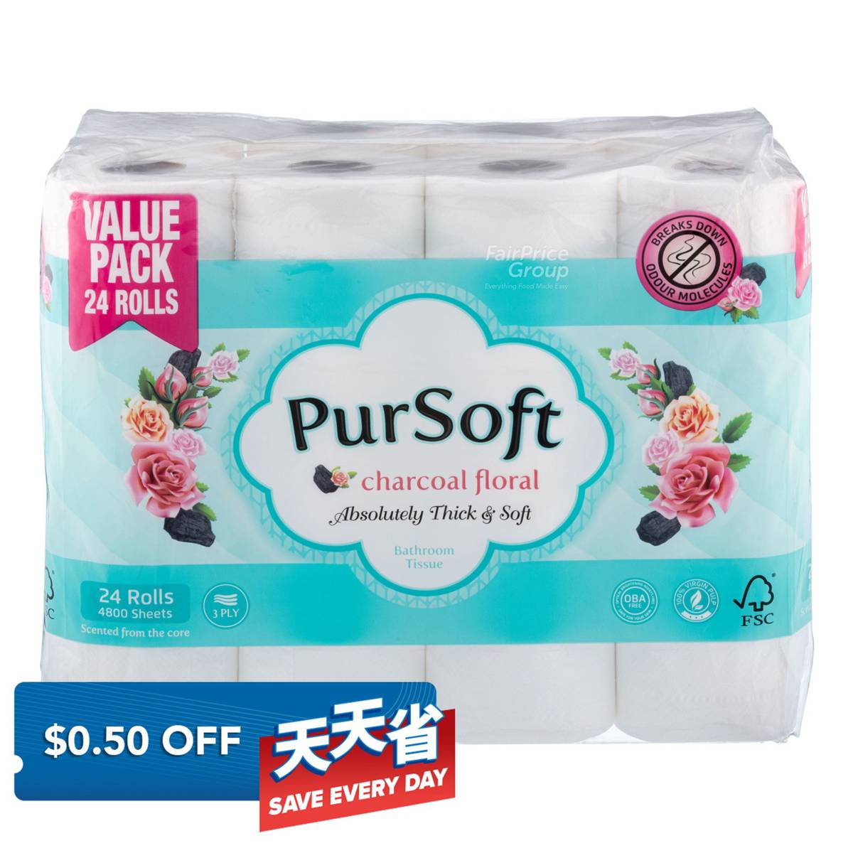 Pursoft Bathroom Tissue Pulp Charcoal Floral (3 ply) | NTUC FairPrice