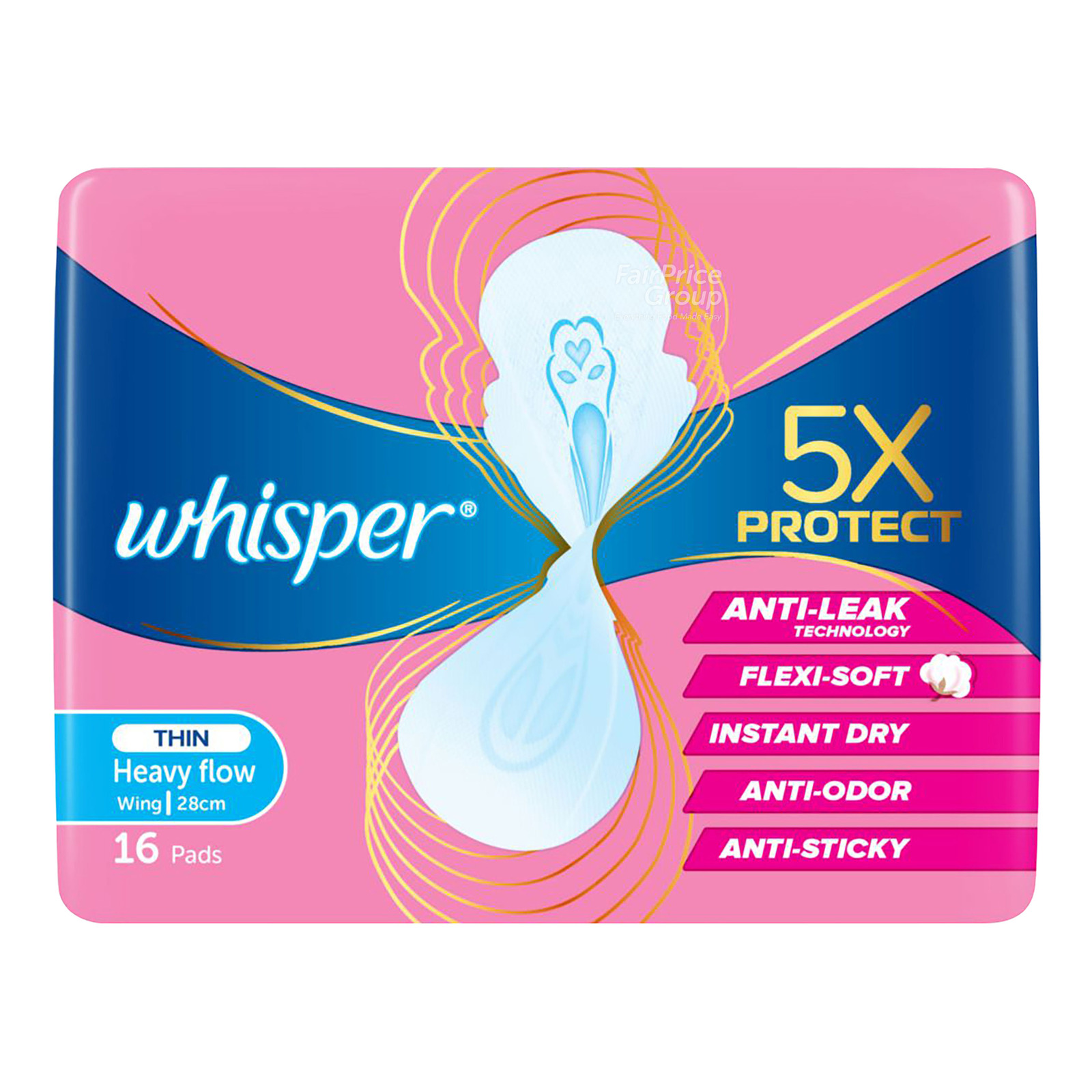 Whisper Thin Wing Pads 5x Protect - Heavy Flow (28cm) | NTUC FairPrice