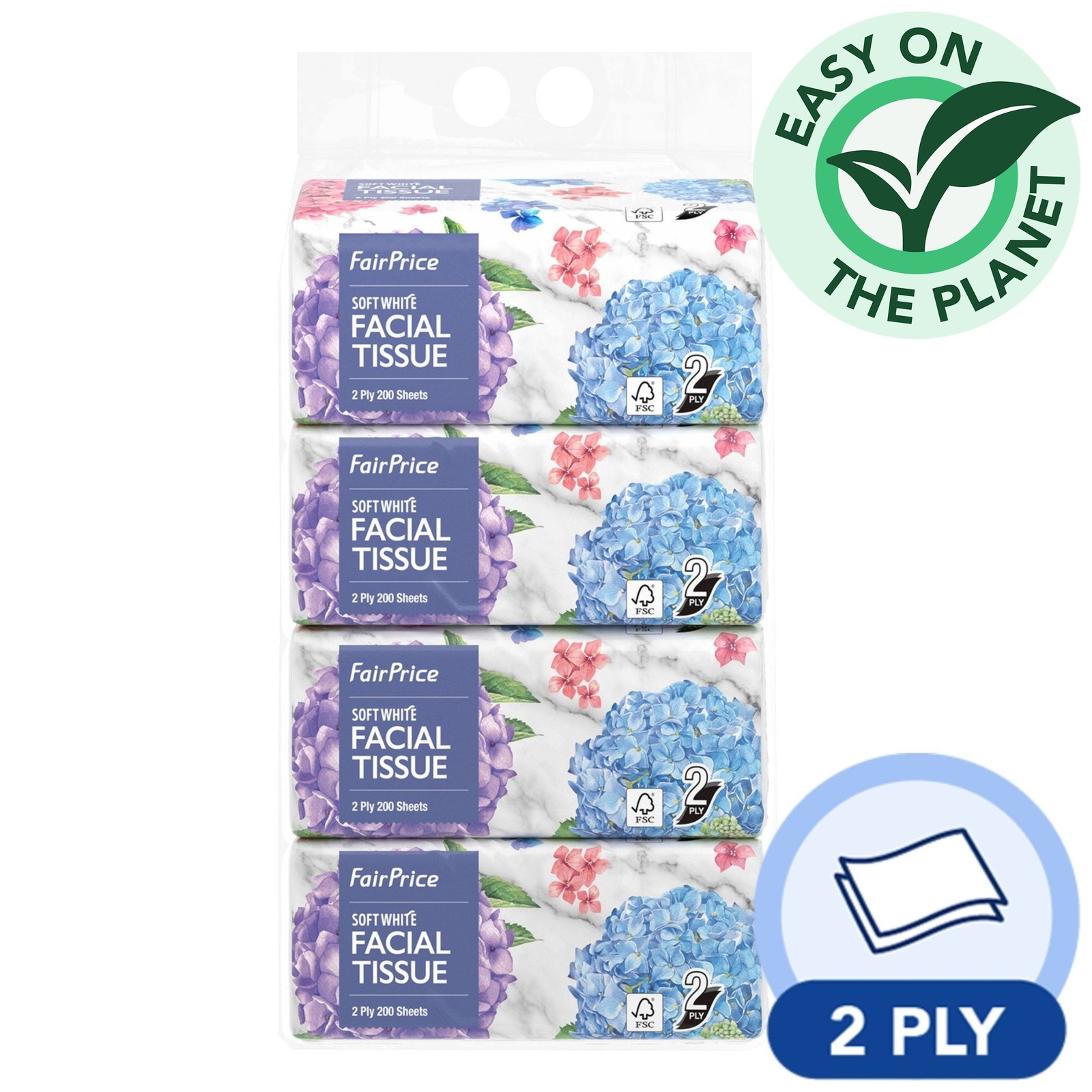 FairPrice Facial Tissue 2ply Soft Pack - Hydrangea | NTUC FairPrice