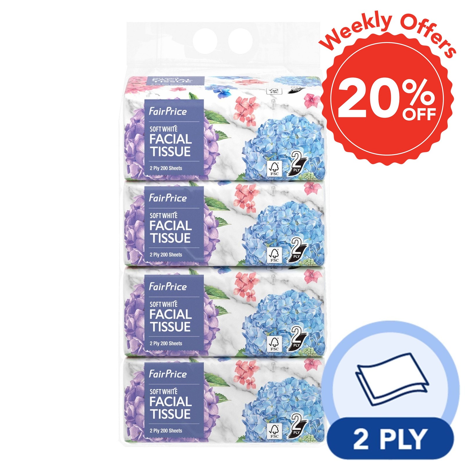 FairPrice Facial Tissue 2ply Soft Pack - Hydrangea | NTUC FairPrice