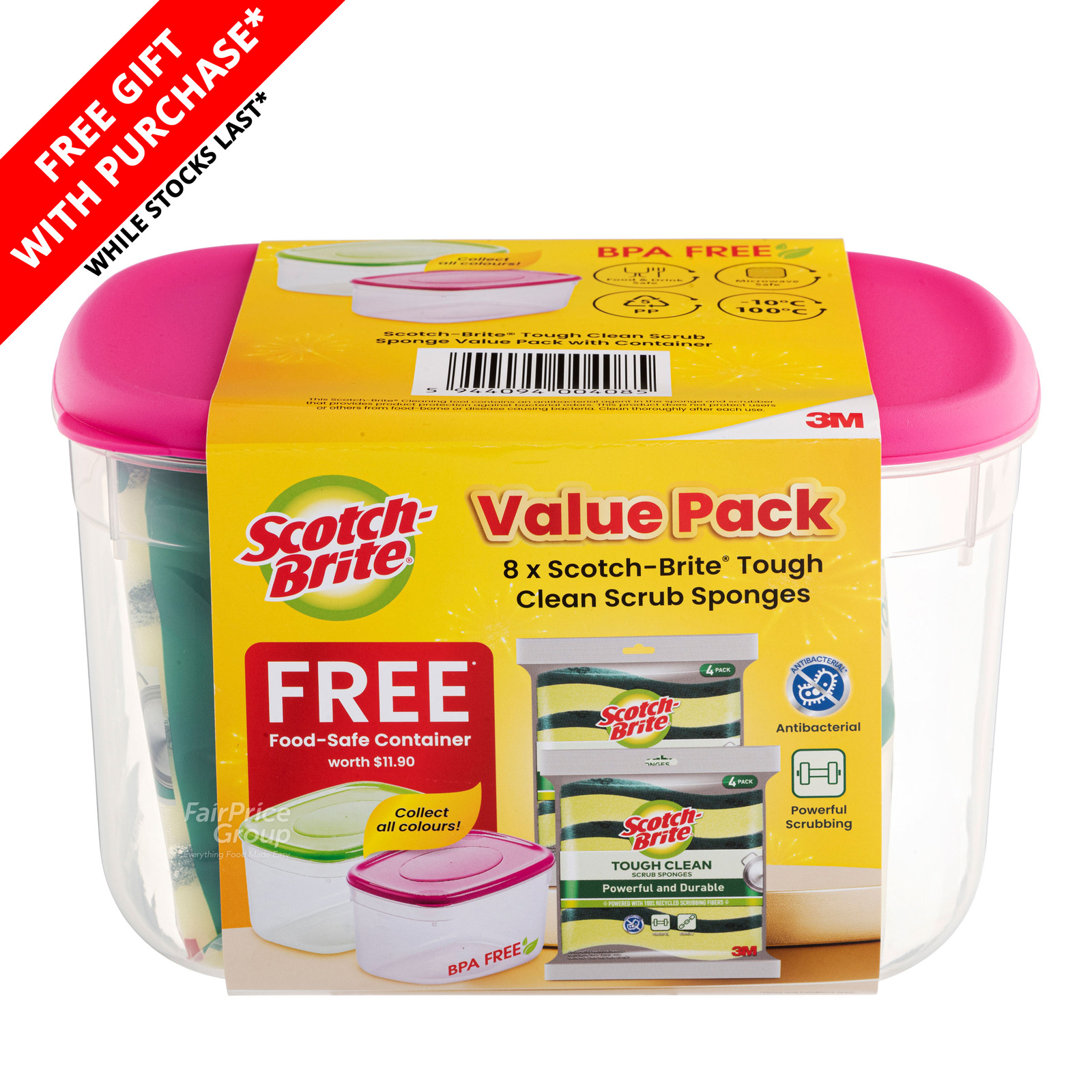3M Scotch-Brite Tough Clean Scrub Sponge with Container | NTUC FairPrice