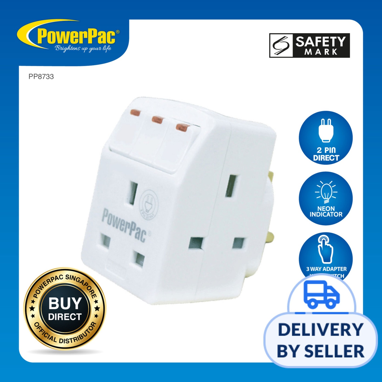 PowerPac 3 Way Adapter with Switch & 2 pin direct(PP8733) | NTUC FairPrice