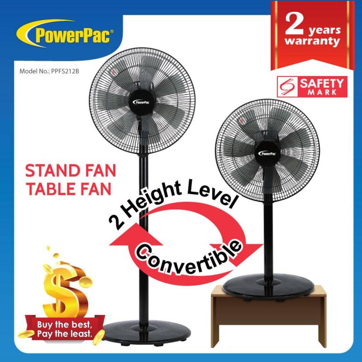 PowerPac 2in1 Dual-Usage 7 Blades Stand Fan PPFS212B | NTUC FairPrice