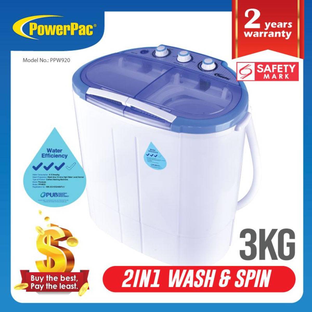 POWERPAC 2IN1 MINI WASHING MACHINE (PPW920) | NTUC FairPrice