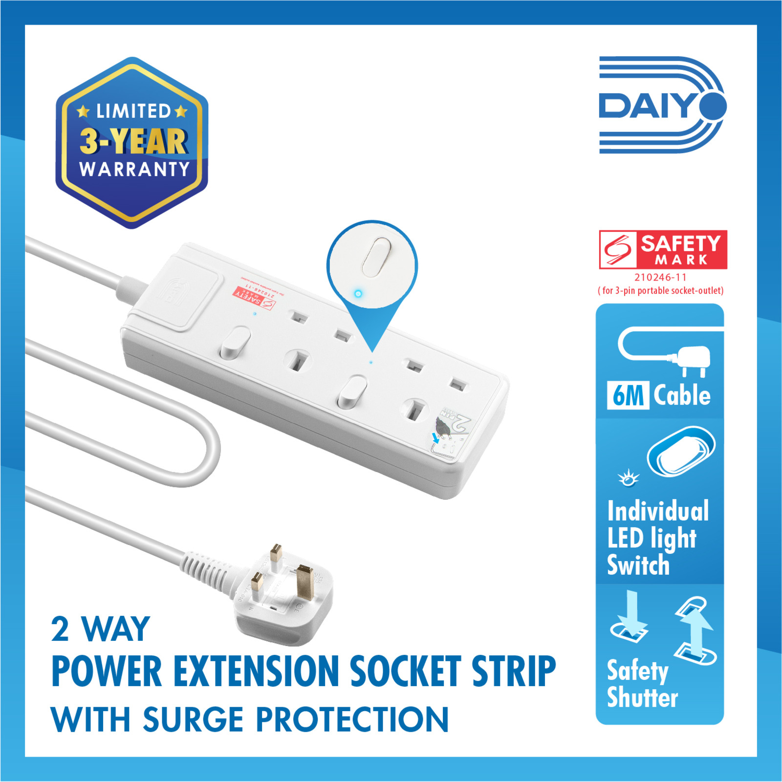 Daiyo Blue LED 2 Way Extension Socket With Surge 6M 1 pc | NTUC FairPrice