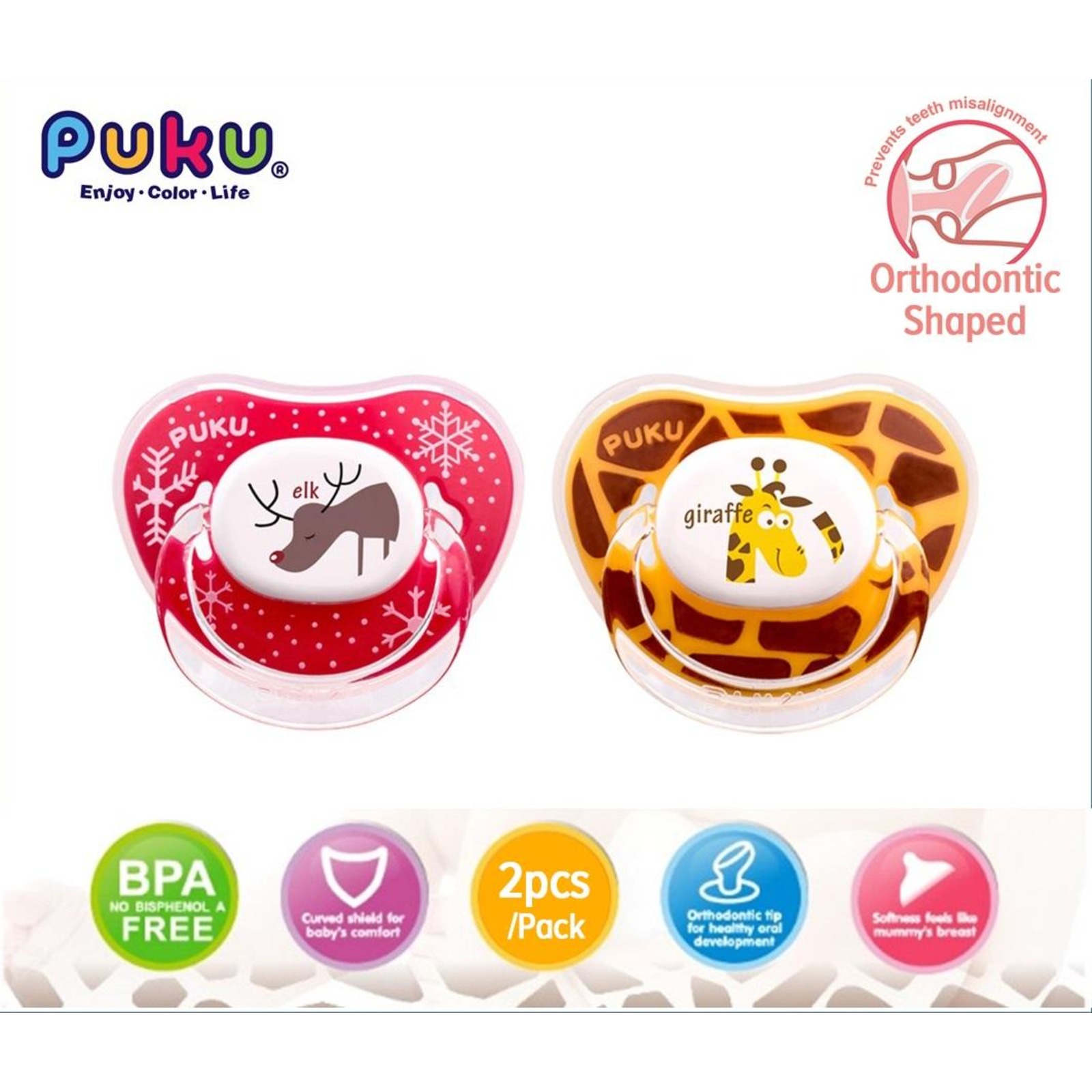 Puku Animal Baby Pacifier 6+ Months - Elk + Giraffe | NTUC FairPrice