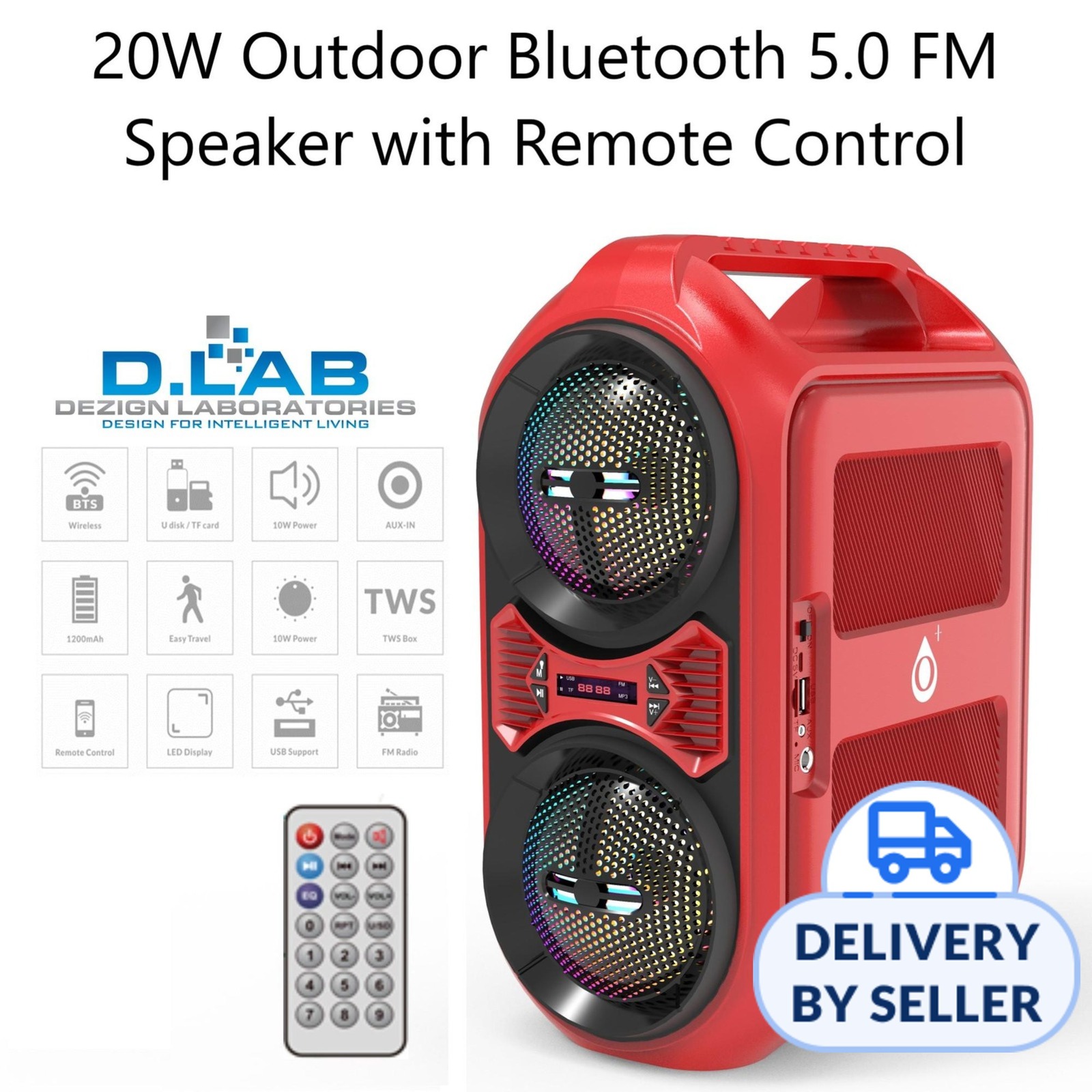 D.LAB 20W Outdoor Bluetooth 5.0 FM Speaker (Red) | NTUC FairPrice