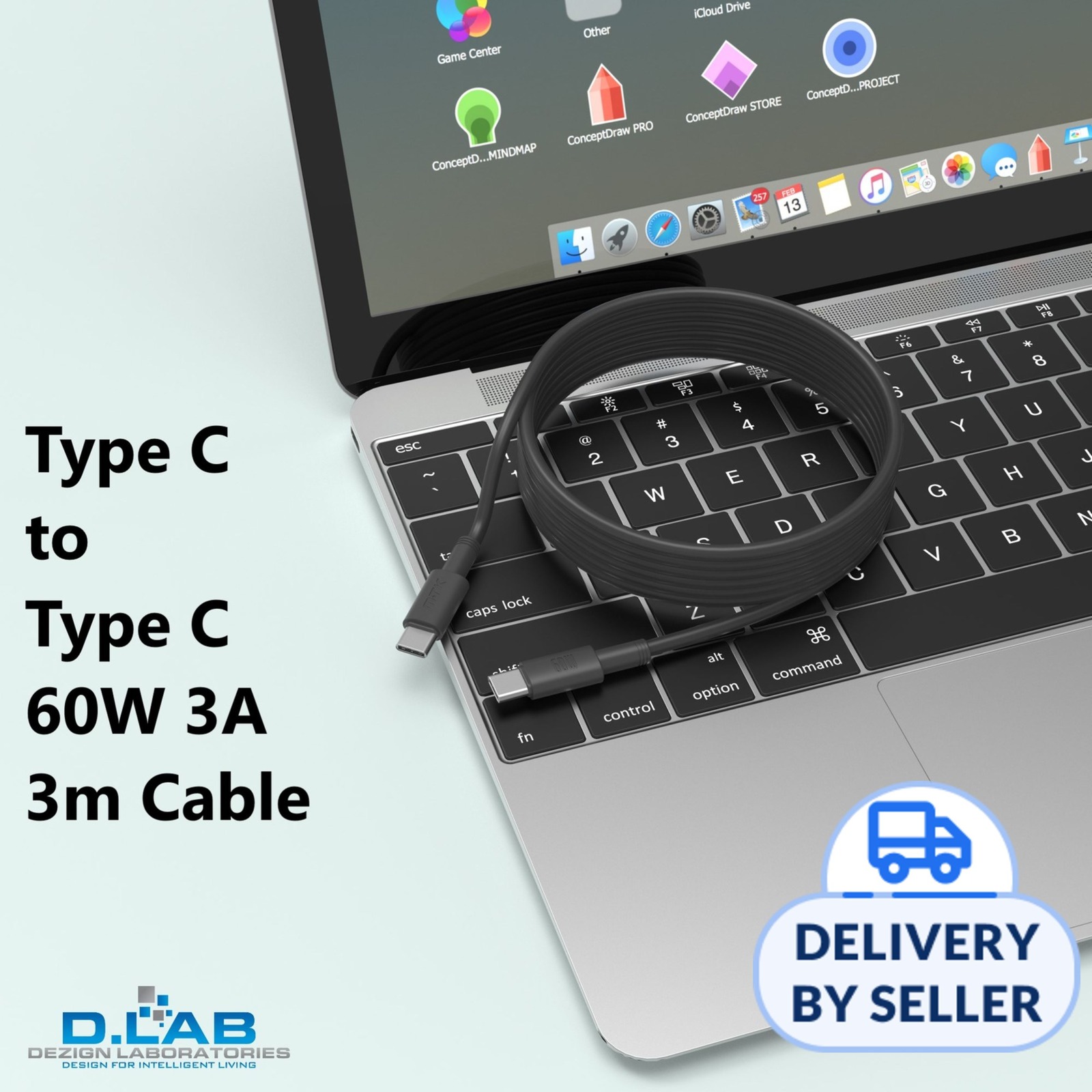 D.LAB Type C To Type C 60W 3A 3m Cable (TB1324) Black | NTUC FairPrice
