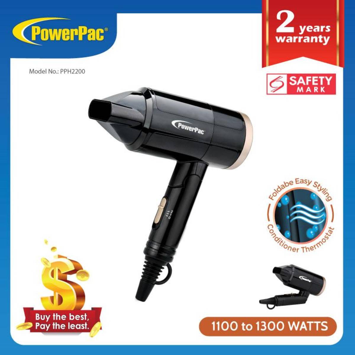 POWERPAC (PPH2200) Hair Dryer Foldable With 2 Speed Selector | NTUC ...